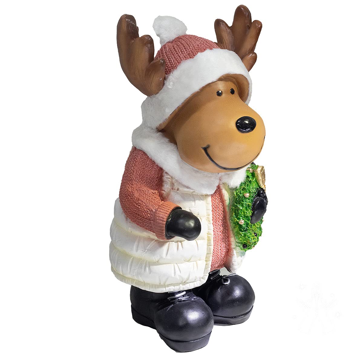 Mark Feldstein & Associates Merry Moose Holding Lantern Natural Brown 17 inch Resin Stone Christmas Door Greeter Figurine