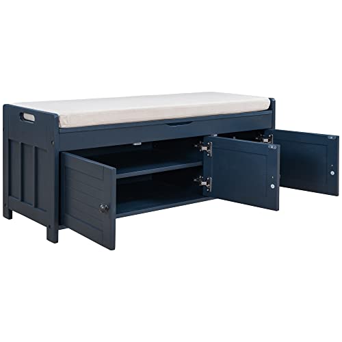 Lifeand, Shoe Removable Cushion and Hidden Space Storage Bench with 3 Shutter-Shaped Doors, 1, Antique Navy