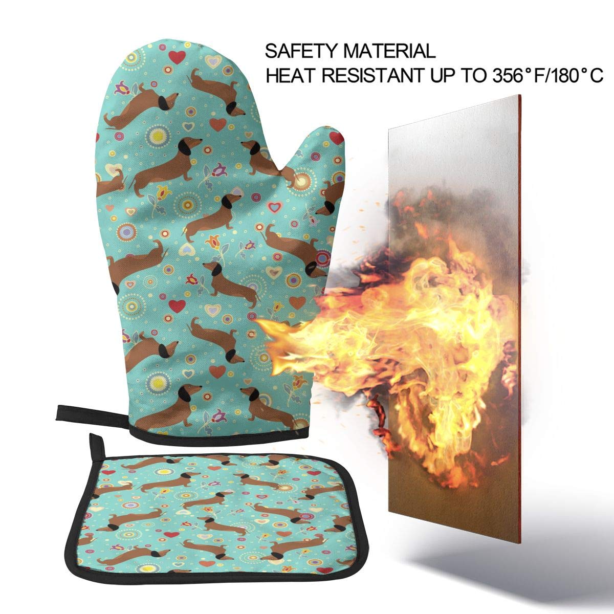 Oven Mitt and Pot Holders, 2 Piece Set, Dachshunds On Turquoise Floral Background Cotton Lining Waterproof BBQ Gloves