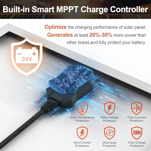 SUNER POWER 24V Waterproof Solar Battery Trickle Charger & Maintainer - 20 Watts Solar Panel Built-in Intelligent MPPT Solar Charge Controller + Adjustable Mount Bracket + SAE Connection Cable Kits