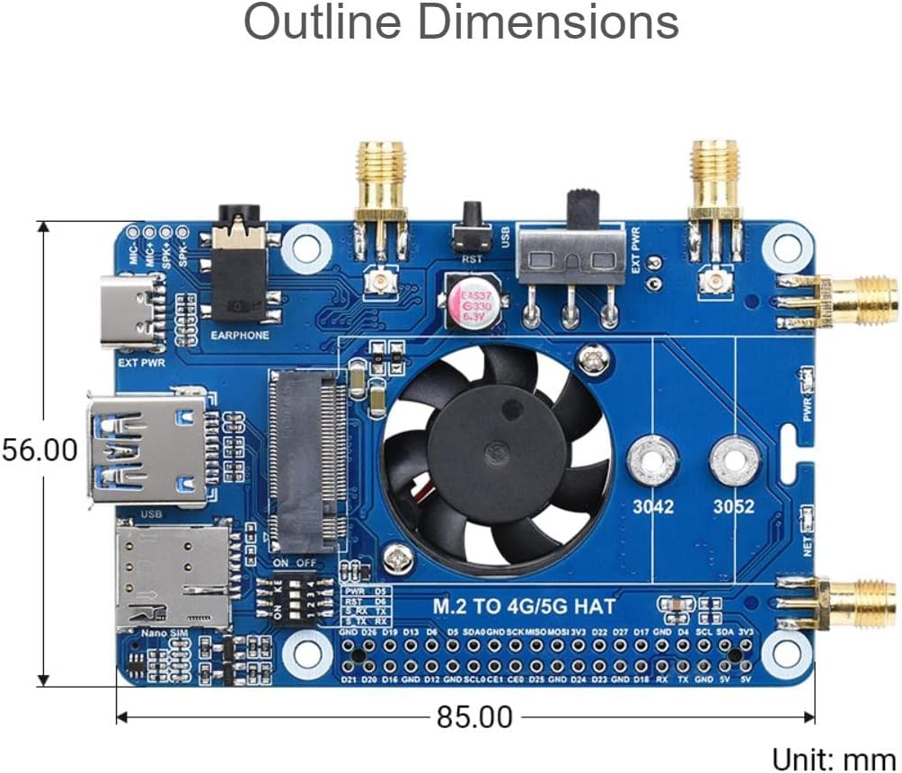 waveshare SIM8202G-M2 5G HAT (B) for Raspberry Pi Snapdragon X55 Quad Antennas 5G NSA Multi Band 5G/4G/3G Compatible Applicable for Regions with 5G Sub-6G Signal Coverage