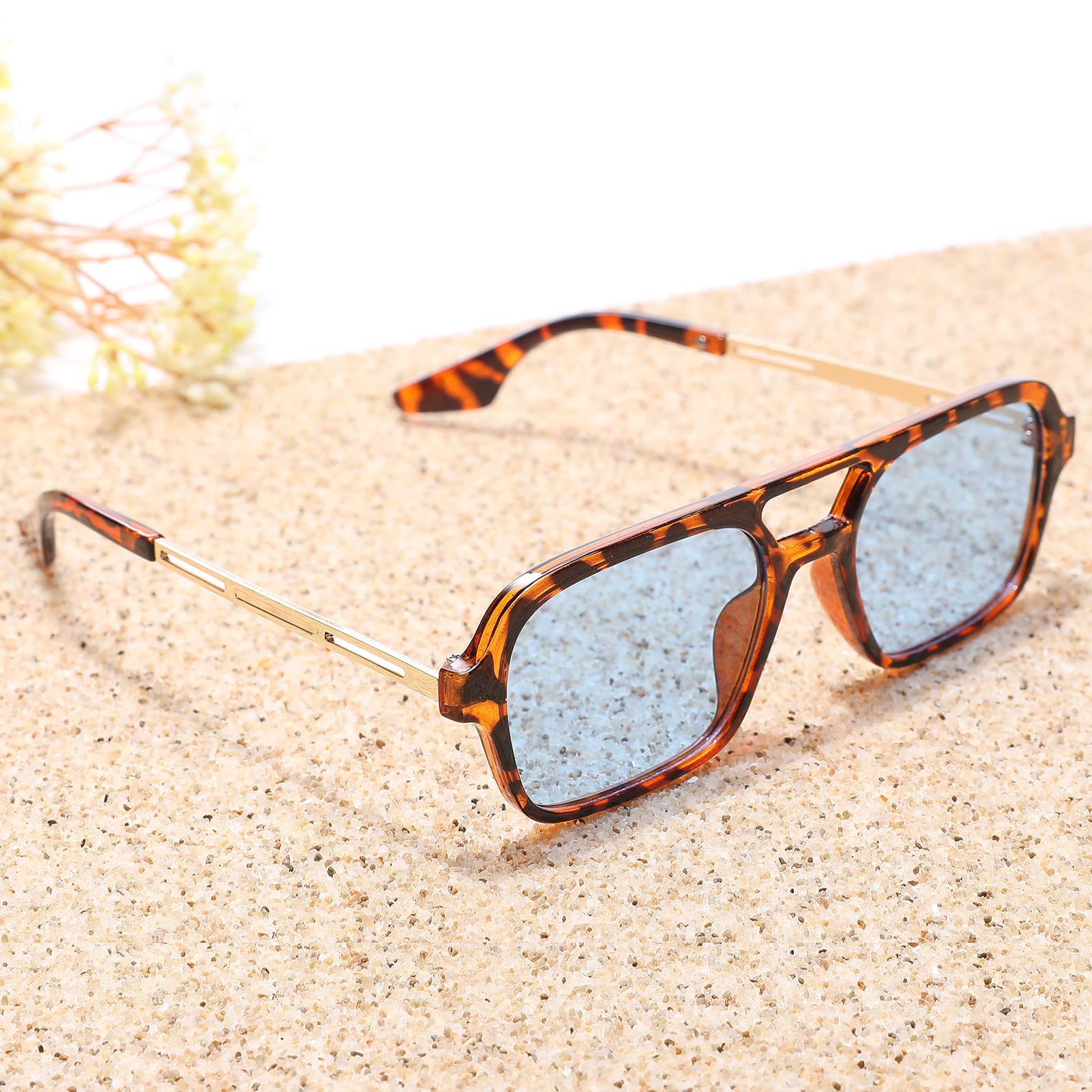 Pro Acme Vintage 70s Flat Pilot Sunglasses for Women Men, Small Frame Rectangular Glasses UV400 Protection Shades (Leopard Frame | Blue Lens)