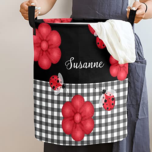 Red Flower Ladybird Checker Personalized Laundry Basket ,Custom Foldable Storage Bins Laundry Hamper for Nursery Pet Toys Clothes