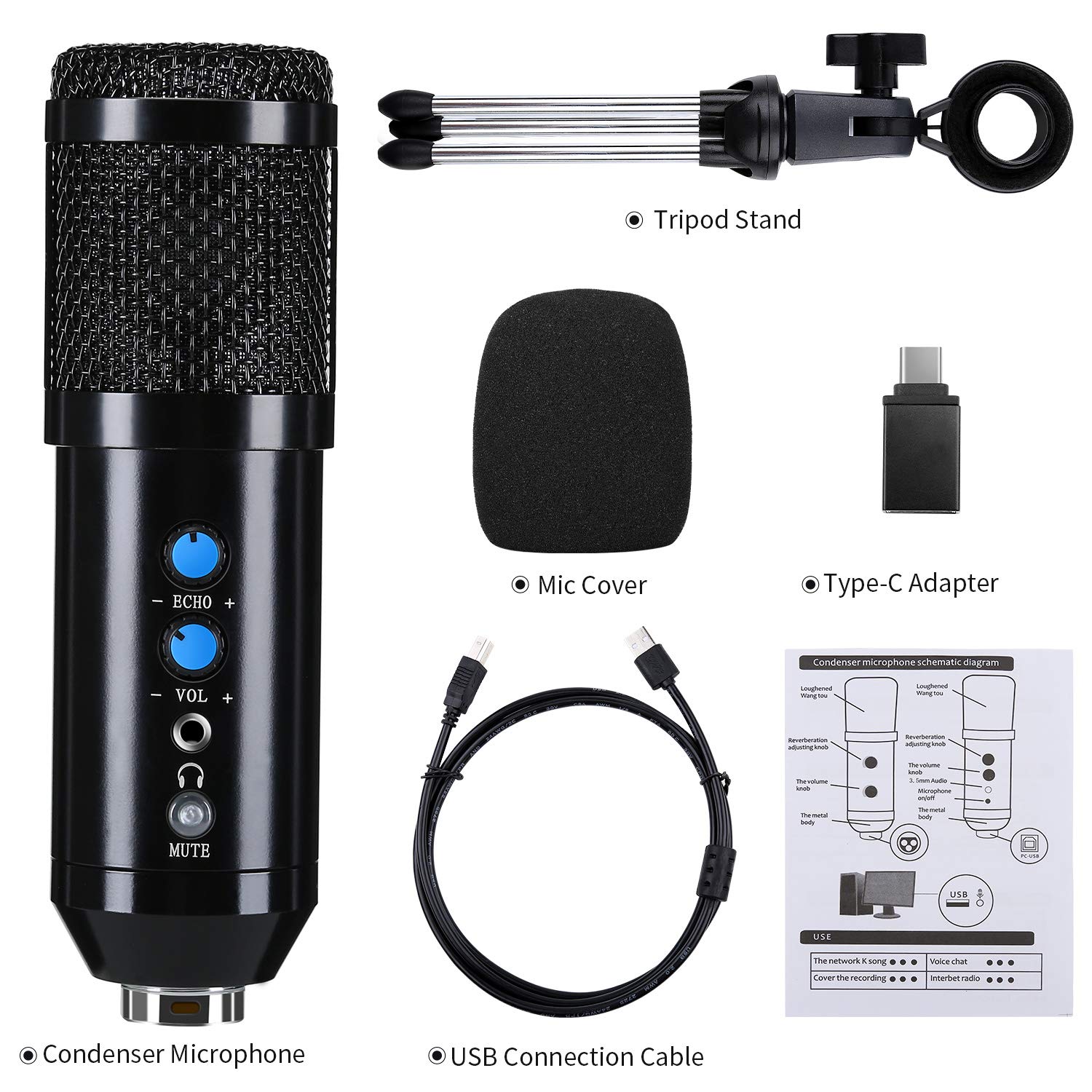 Microphone for PC and Phone, EXJOY Tripod Condenser Microphone with Type-C Adapter and 3.5mm Headphone Jack, for YouTube, Vlog, Streaming, Podcast, Games
