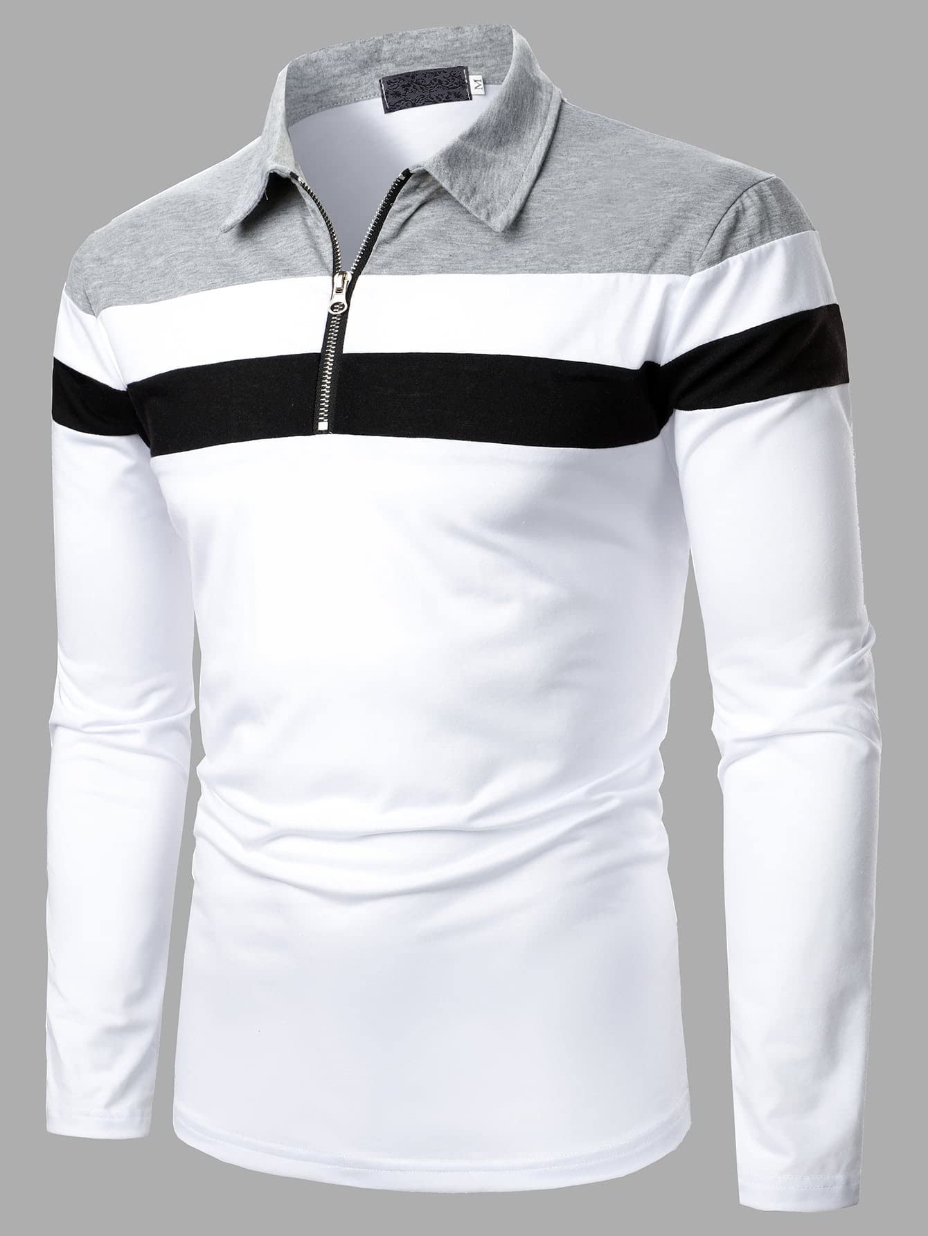 OYOANGLE Men's Long Sleeve Casual Shirt Zipper Striped Regular Fit T Shirt White S