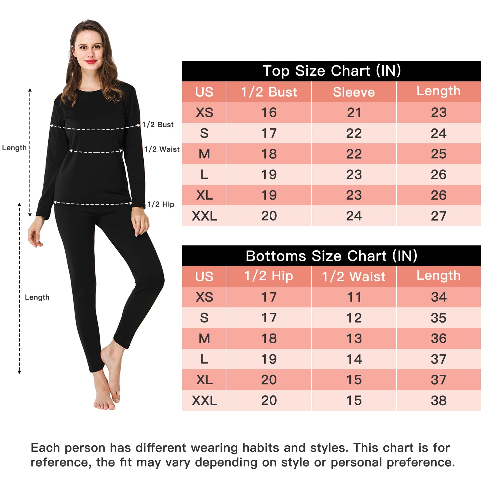 MRIGNT Thermal Underwear for Women Thermal Underwear Set, Ultra Soft Long Johns for Women with Fleece Lined Top Bottom, Black L