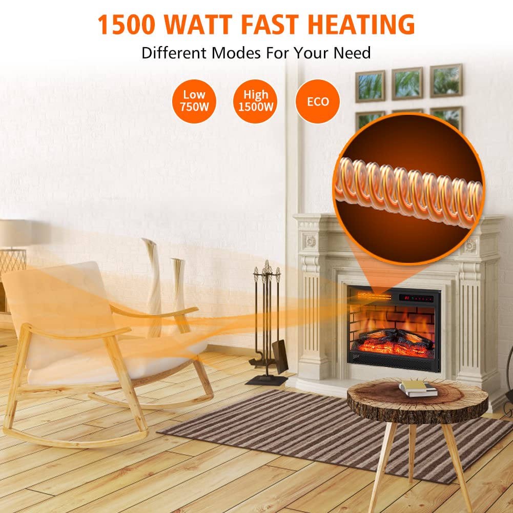 LIFEPLUS 22" Electric Fireplace Insert Infrared Quartz Recessed Heater with Remote Control 12h Timer with Log Flame Effect LED Display Adjustable Thermostat Overheat Protection for Office and Home