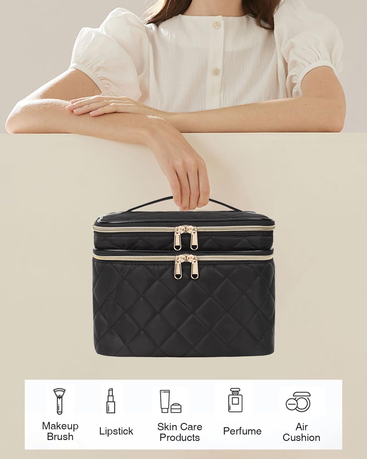 Travel Makeup Bag Organizer, Large Make Up Bag for Women, Double Layer Cosmetic Bag with Removable Dividers, Portable Makeup Case Storage, Black