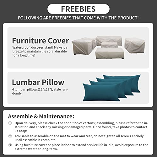 Rattaner Patio Furniture Set 7 Pieces Couch Outdoor Chairs Coffee Table Peacock Blue Anti-Slip Cushions and Waterproof Covers