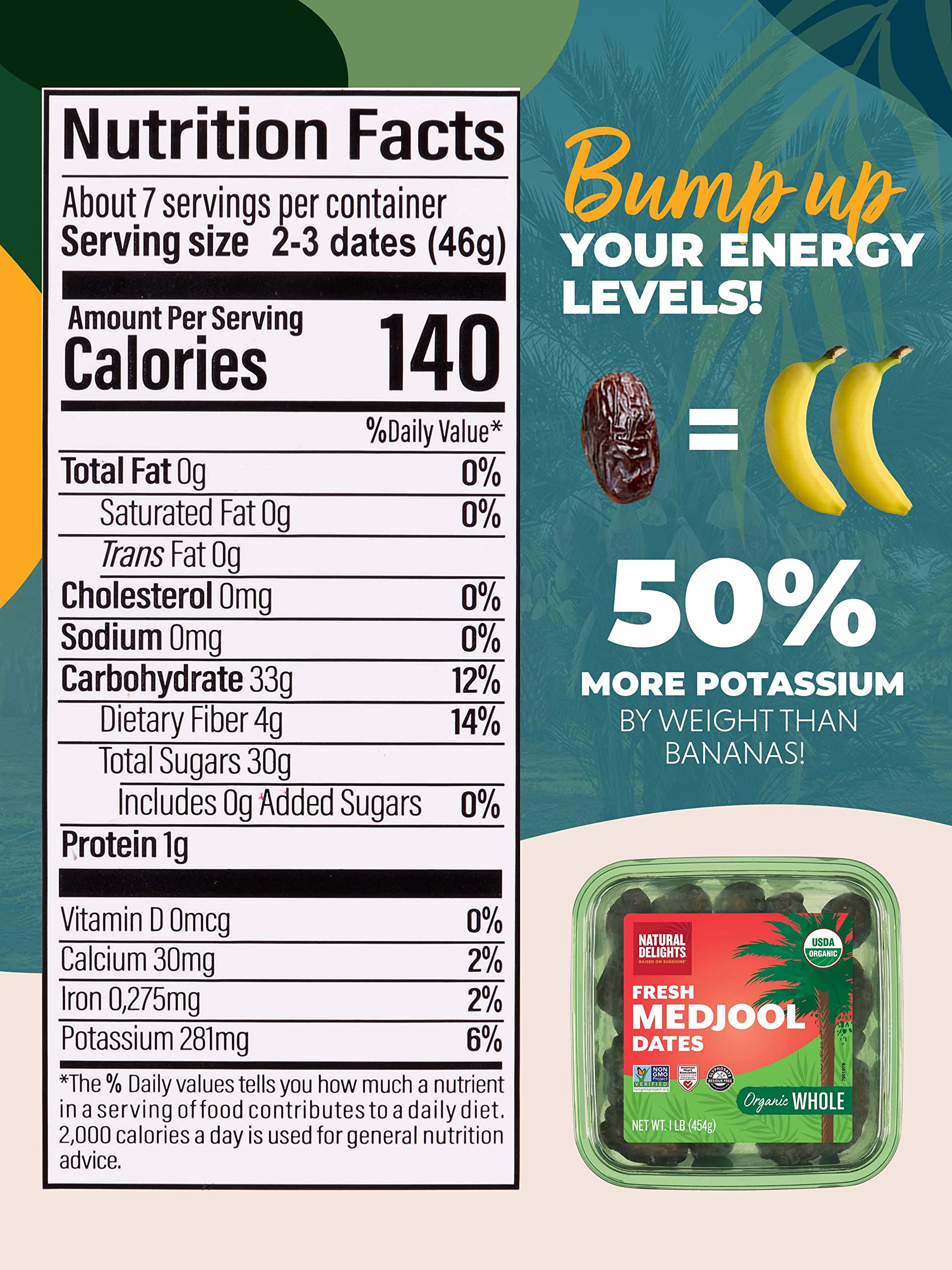 Natural Delights Organic Medjool Dates β Large & Plump USDA Certified , Non-GMO Verified, Good Source of Fiber, Naturally Sweet Fruit Snack, Perfect for On-the-Go - Whole Medjool Dates Organic, 1 lb oz Container