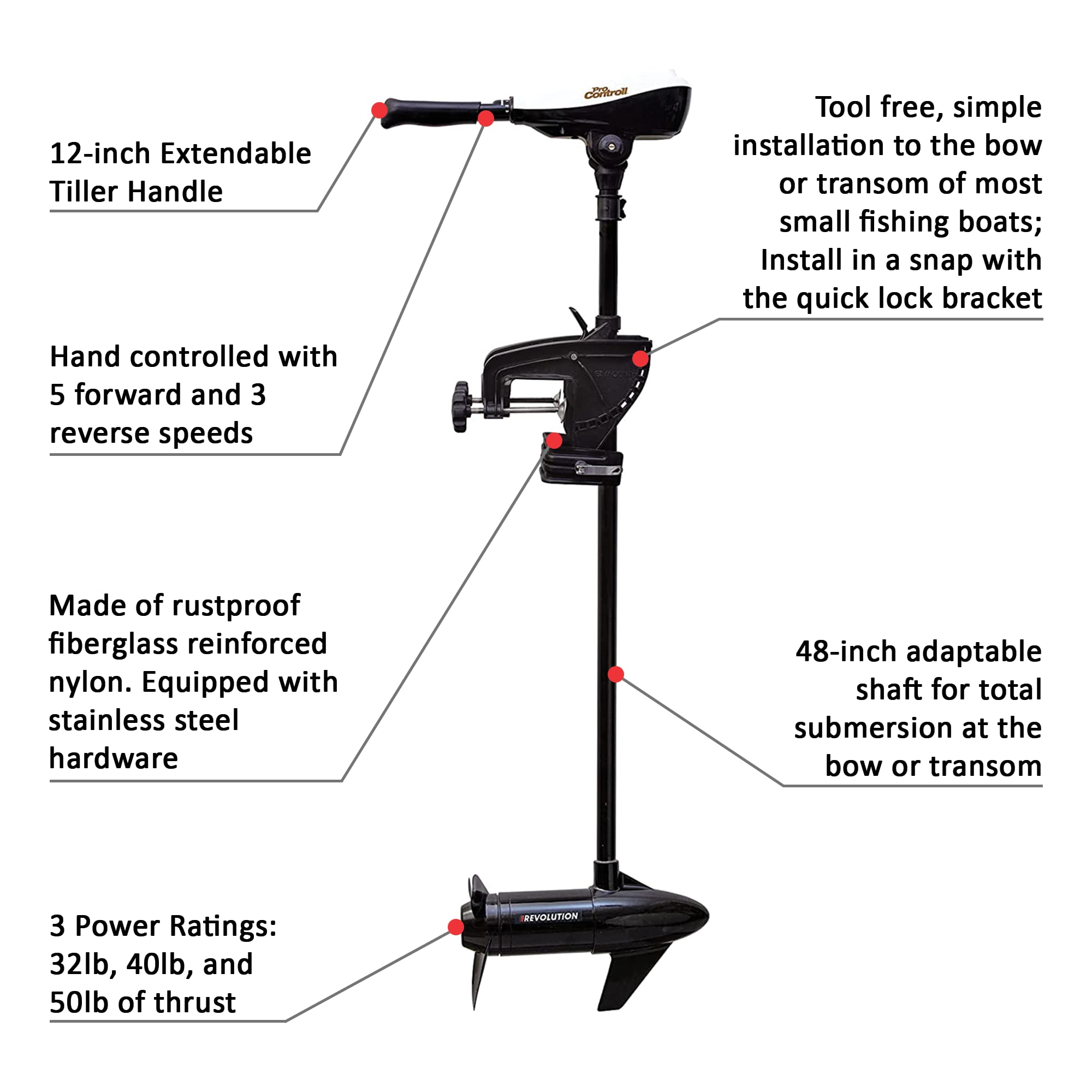 Pro Controll Revolution S-Type Freshwater Bow or Transom Mount Electric Trolling Motor, 50 lb Max Thrust, 48 inch Shaft