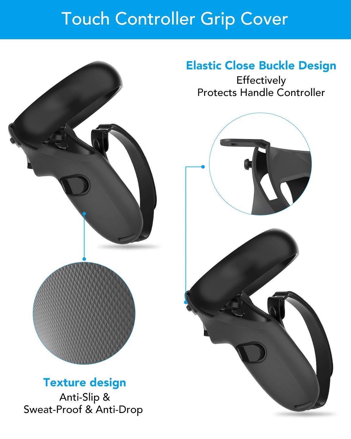 KIWIHOME VR Face Silicone Cover and Touch Controller Grip Cover for Oculus Quest VR Accessories Anti-Throw Handle Protective Sleeve with Adjustable Hand Strap Sweatproof - Black