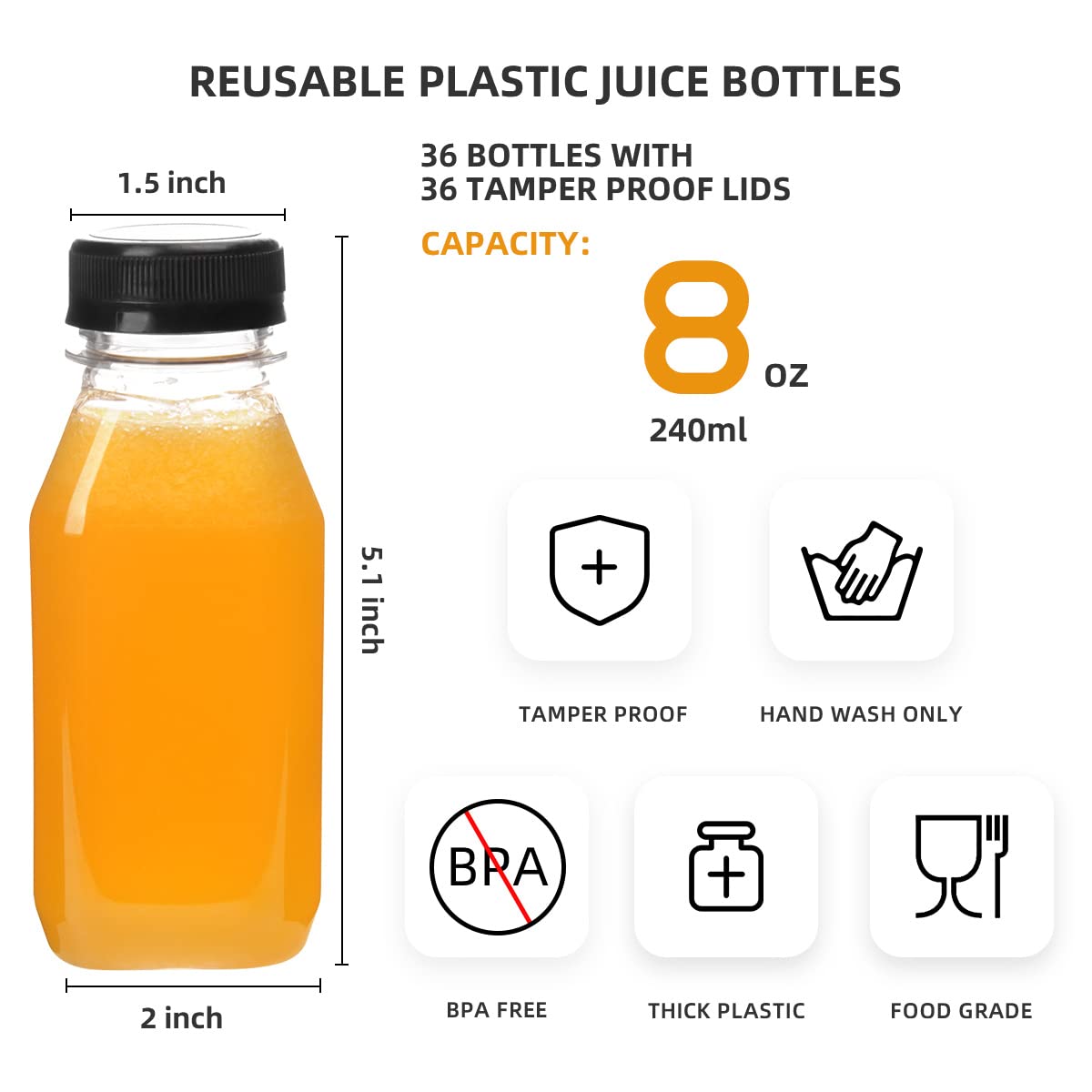 OAMCEG 36 PCS Juice Bottles with Caps, 8 oz Small Bottles for Liquids, Plastic Containers with Lids, Clear Juicing Bottles Reusable, Mini Fridge Bottles for Juicing, Smoothie, Drinking, Beverages