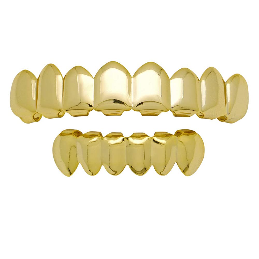 LuReen Shiny 14k Gold Silver Grillz 8 Teeth Top and 6 Bottom Set Mouth Grillz + Extra 2 Molding Bars