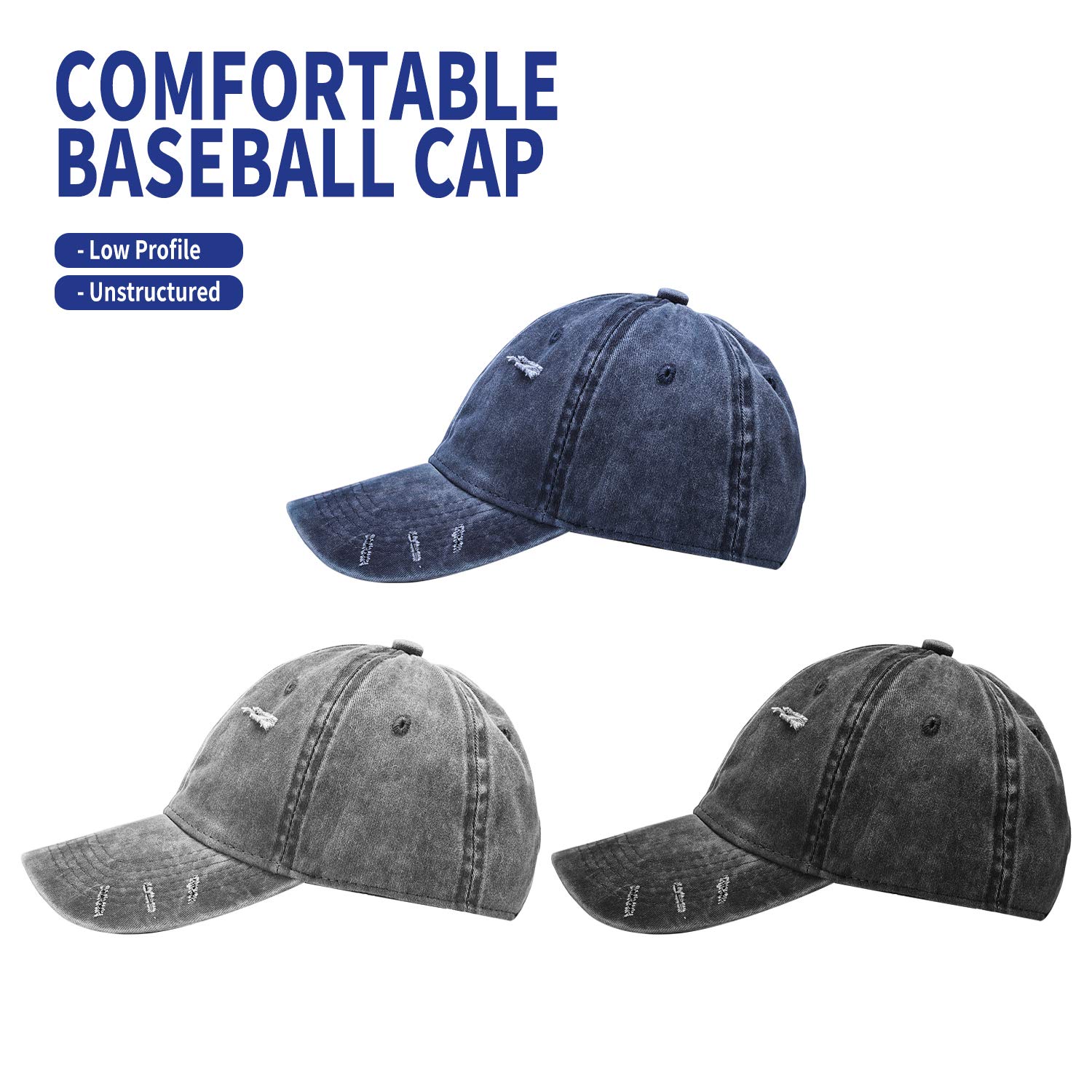 MEINICY 3 Pack: Vintage Distressed Washed Cotton Plain Baseball Cap, Retro Adjustable Dad Hats for Men/Women,Unstructured