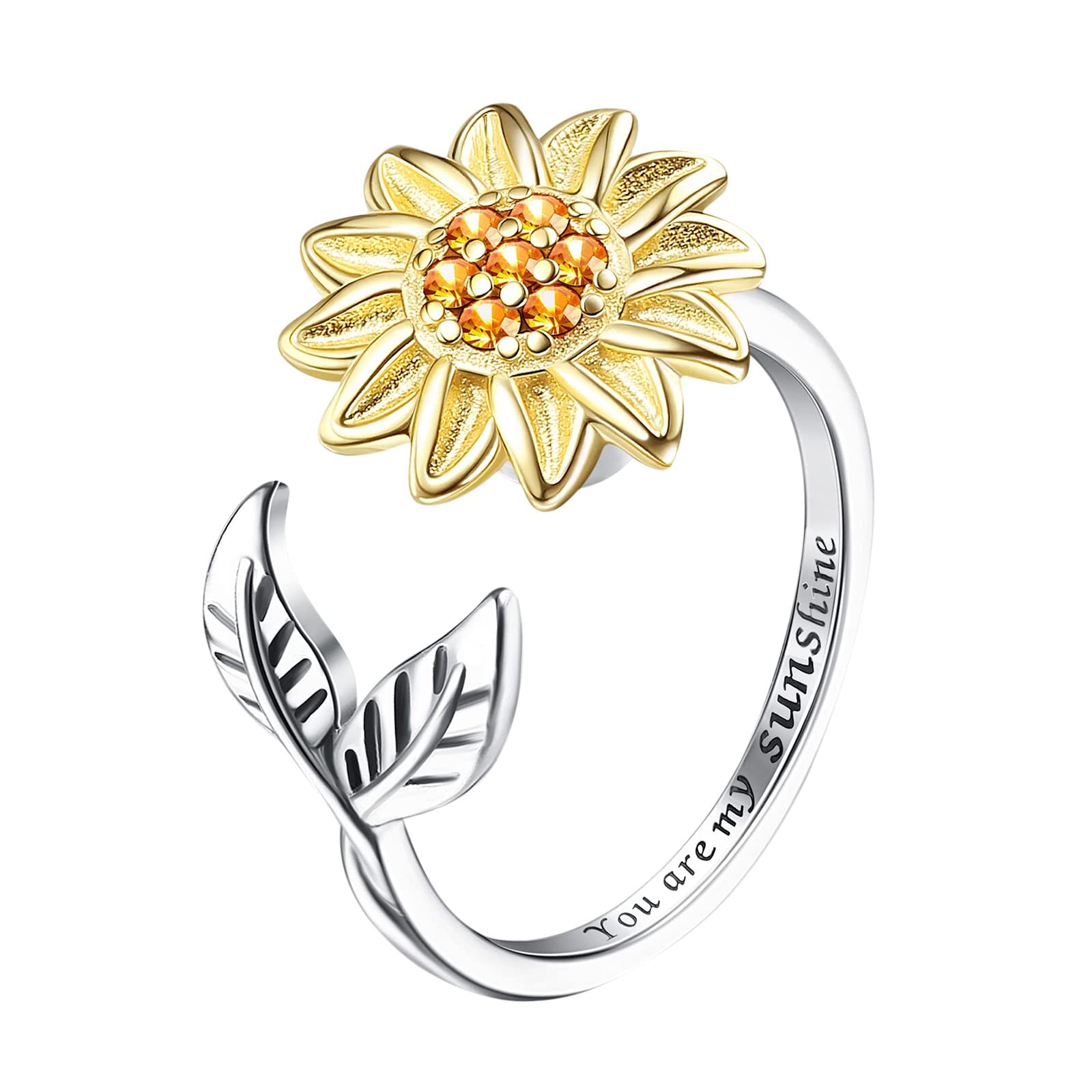 papasgix Sunflower Fidget Ring for Women, Sterling Silver Anxiety Ring for Stress Relief/Adjustable Open Rings Engraved You are My Sunshine