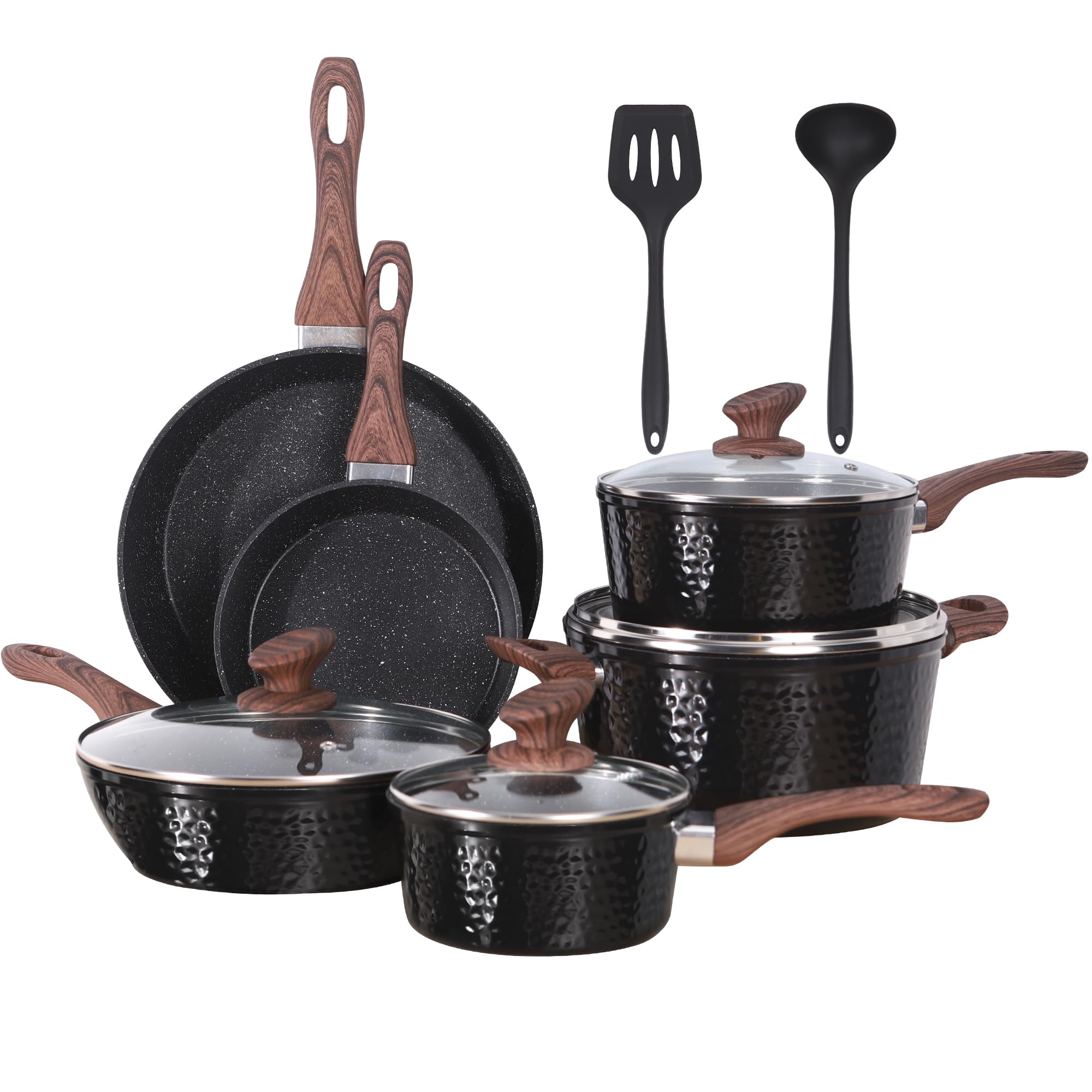 Kitchen Academy Pots and Pans Set Non Stick - 12 Pcs Induction Cooking Pans Set, Black Hammered Cookware Set，Induction Cookware Nonstick Granite Cooking Set