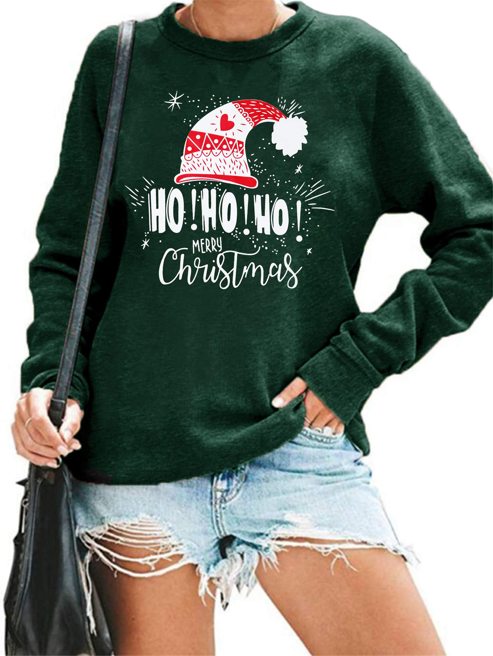 LHBNK Merry Christmas Sweatshirts HoHoHo Christmas Shirt Women Funny Santa Print Graphic Tee Casual Long Sleeve Blouse Tops (Green, Medium)