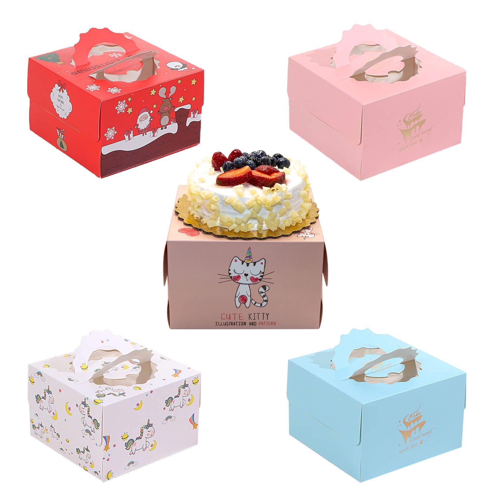 Joyful Harts - Bento Cake Box - with cake board & handle - mini cake gift boxes - cupcake box - muffin box - 10 pieces 6x6x4 inches - disposable mini cake carrier (White-Unicorn)