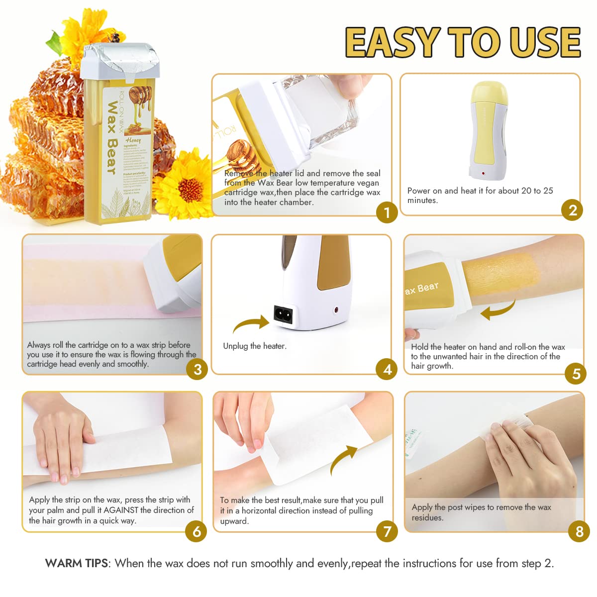 Wax Bear Roll On Depilatory Roller Wax Kit for Sensitive Skin, Soft Wax Heater with 2 Cartridge Refill,10 Wipes and 100 pcs Strips