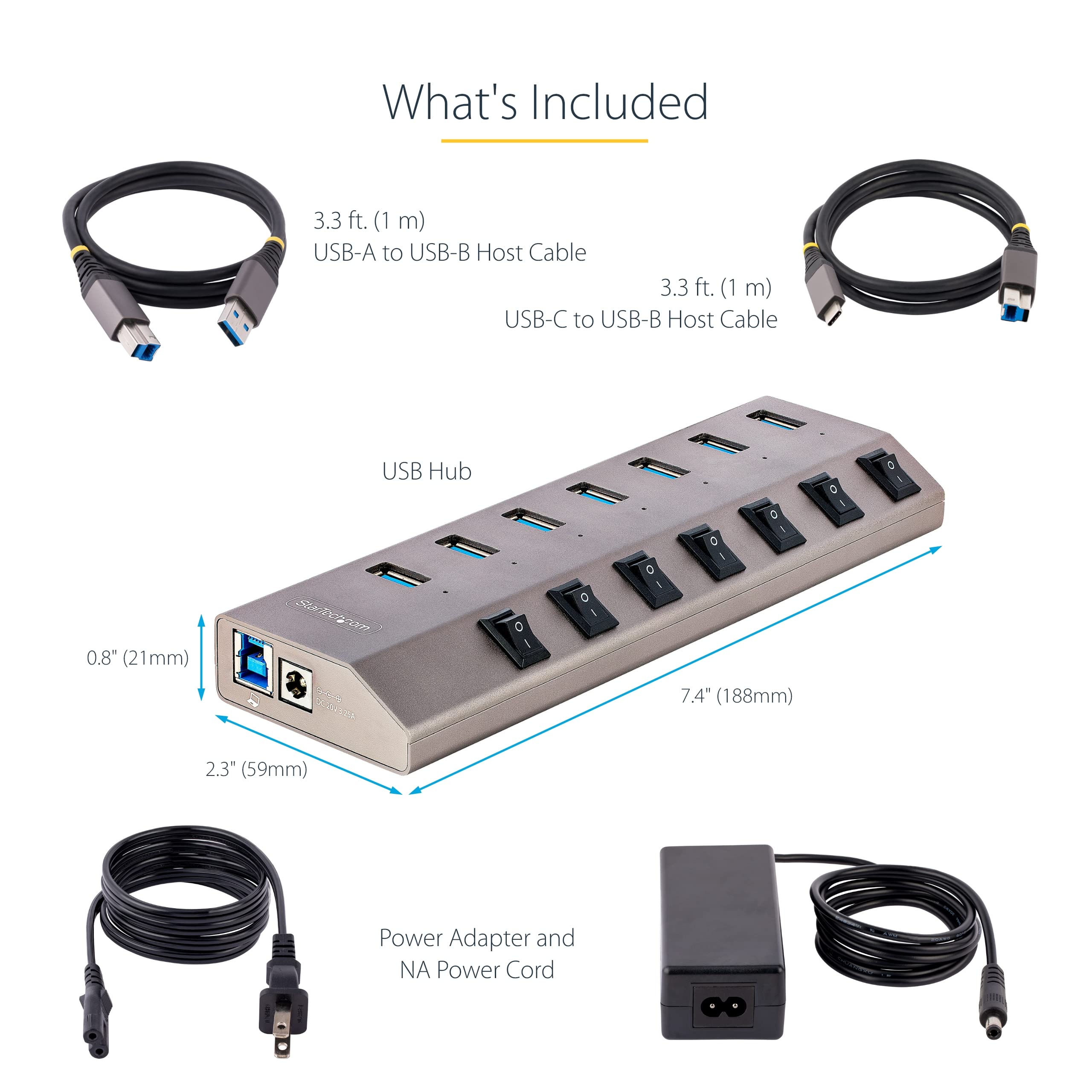 StarTech.com 7-Port Self-Powered USB-C Hub with Individual On/Off Switches, USB 3.0 5Gbps Expansion Hub w/Power Supply, Desktop/Laptop USB-C to USB-A Hub, USB Type C Hub w/BC 1.2 (5G7AIBS-USB-HUB-NA)