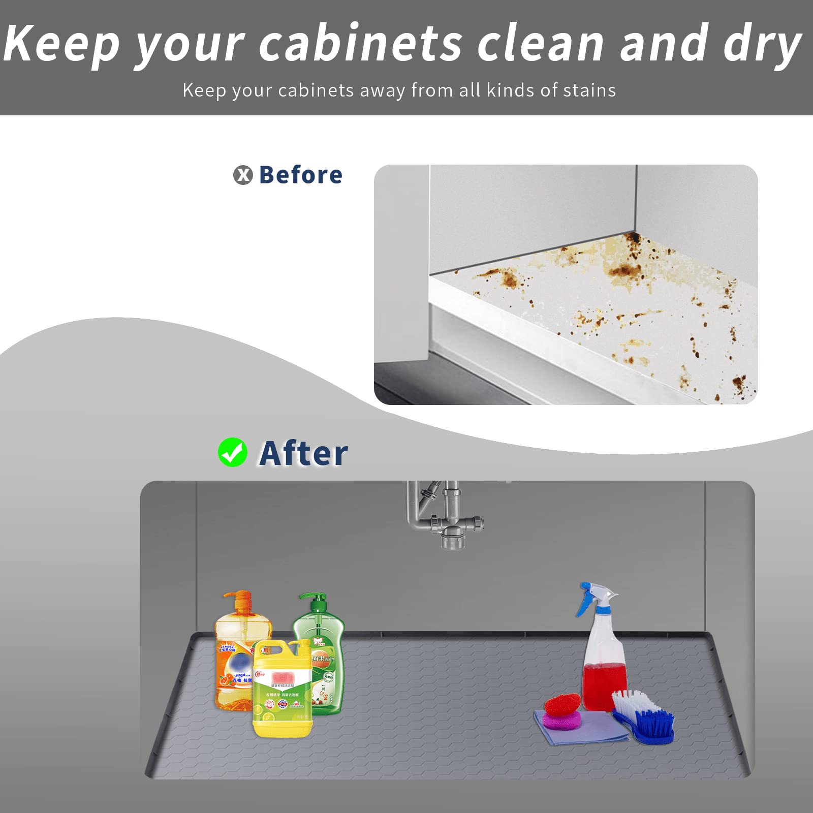 Under Sink Mat, 28'' x 22'' Silicone Under Sink Mat for Kitchen Waterproof, Under Sink Tray, Under Sink Liner for Kitchen Bathroom Cabinet (Gray)