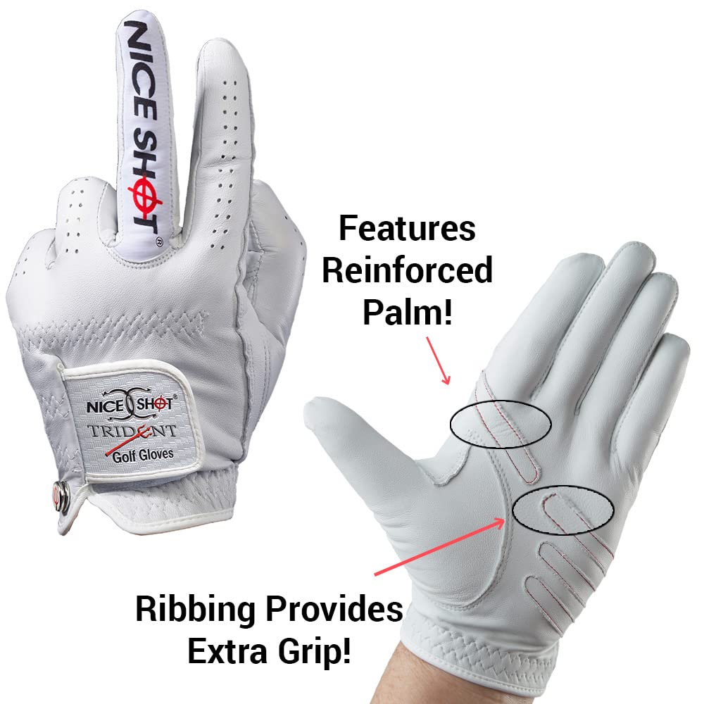 Nice Shot Trident Golf Glove with Power Grip Strips in Premium White Cabretta Leather Men's Left Hand - XLarge