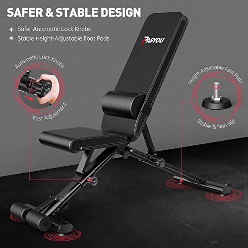PASYOU Adjustable Weight Bench,880LB Weight Capacity for Strength Training Bench Press Foldable Incline Decline Bench for Full Body Workout PA500