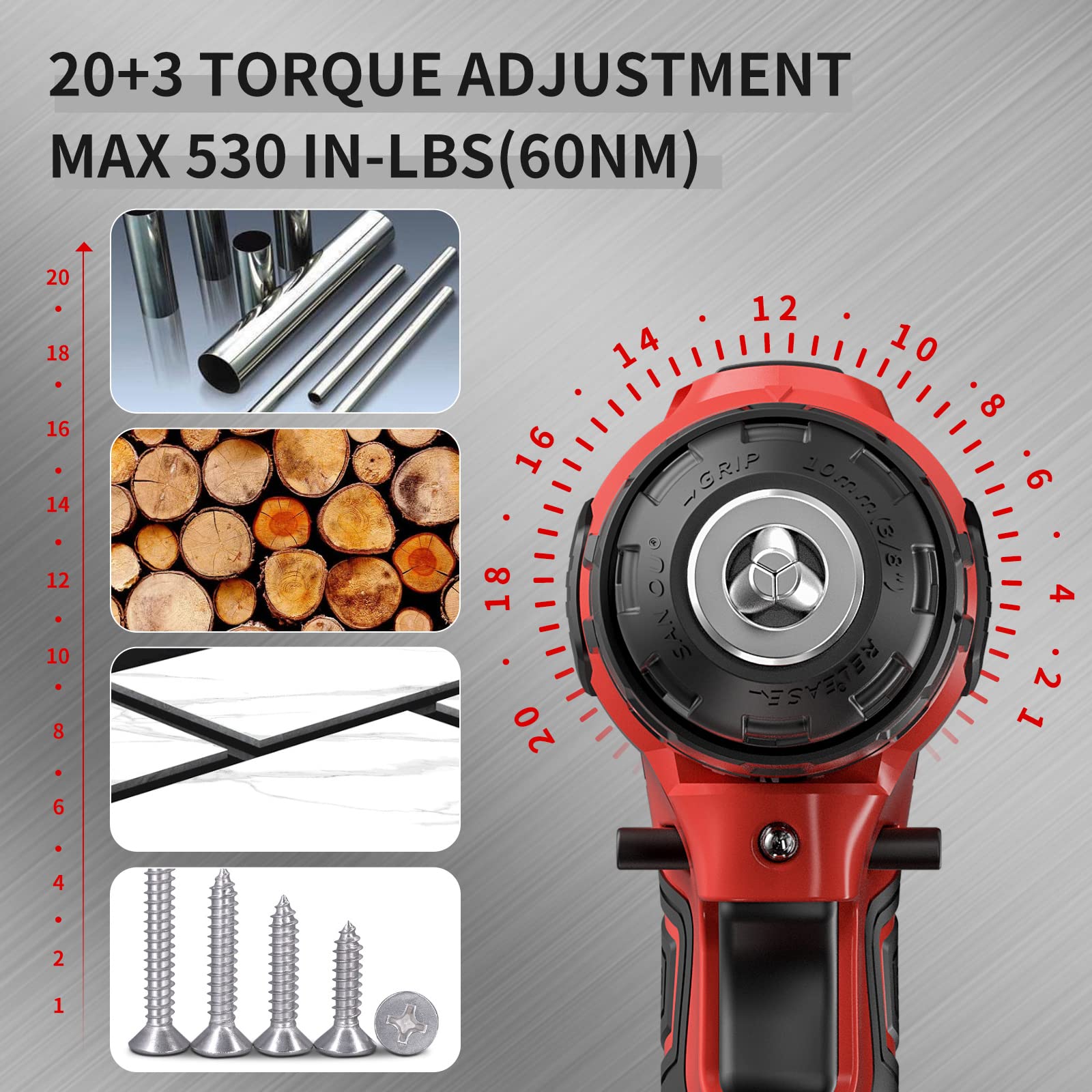 Ronghe 20V Brushless Cordless Drill, Max torque 442 In-lbs,20+3 Torque setting 3/8โ Automatic Chuck, equiped with 34 pcs Drill bit set, Battery and Fast charger for Home improvement & DIY project