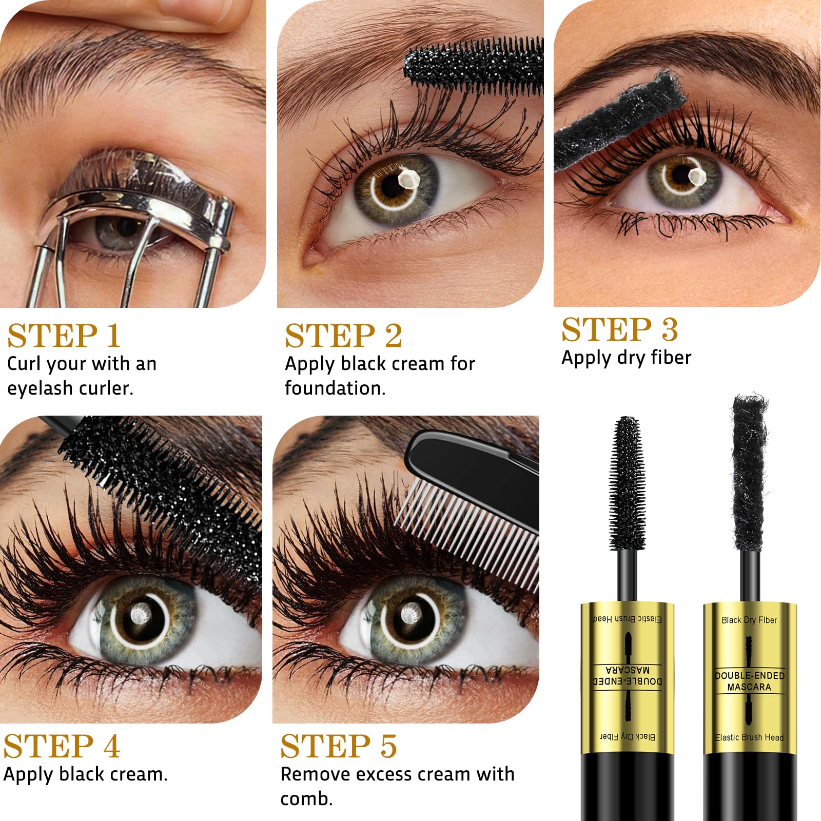 Mascara Black Volume and Length - Double Ended Mascara Voluminous Thick Curling with Dry Fiber, Waterproof Long-Lasting Mascara 5X Longer False Eyelash Comb Black