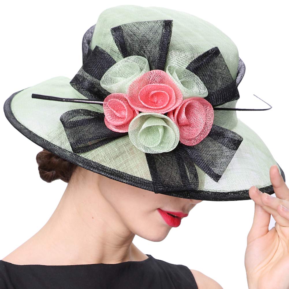 Koola's hats Women 3 Layers Sinamay Kentucky Derby Church Sun Summer Hats, Mint Black, One Size