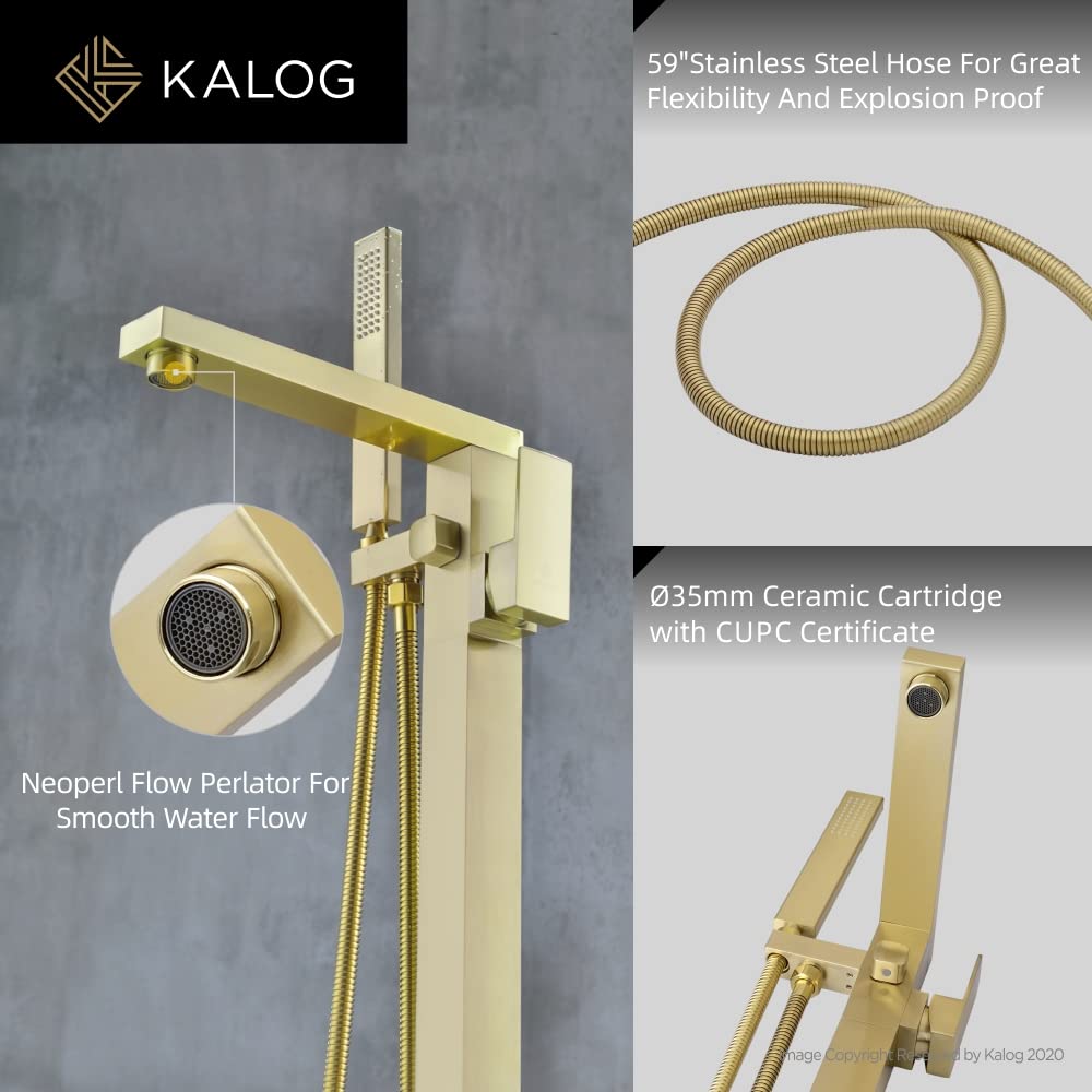 Kalog Single Handle Freestanding Tub Filler Floor Mount Bathtub Faucet with Square Handheld Shower (Brushed Gold-E)