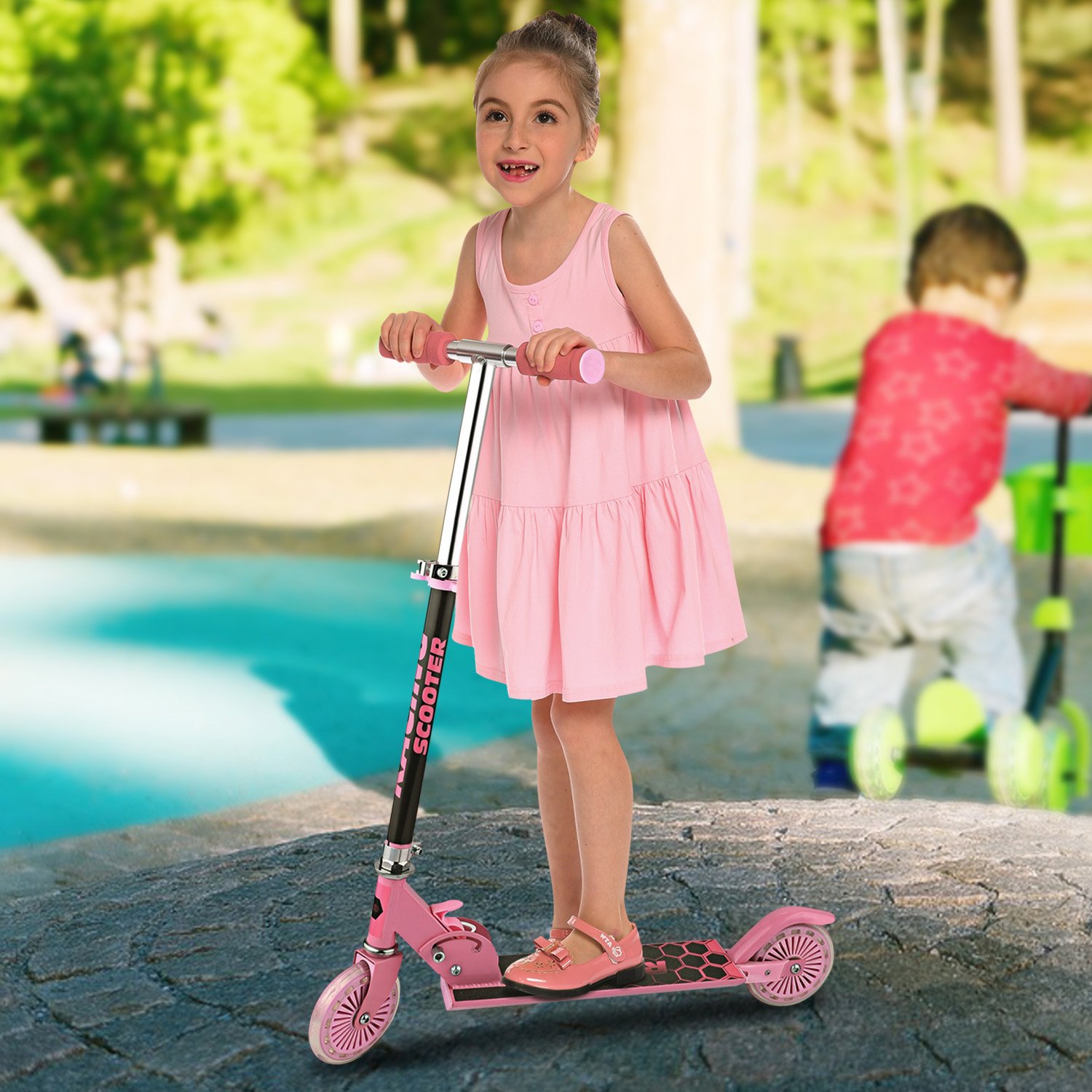 Kids Scooter 2 Wheels by WeSkate Foldable Kick Scooters for Girls Boys Aged 3+, Smooth-Gliding, Adjustable Handles Scooters with LED Light Up PU Wheels, Lightweight Construction