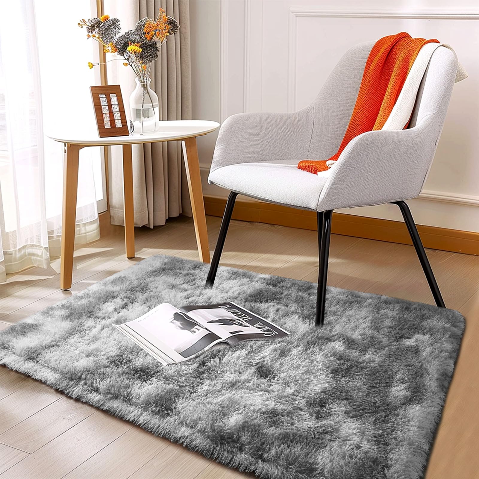 Ultra Soft Fluffy Rugs for Bedroom, Anti-Skid Indoor Carpet Nursery Rugs for Kids Room Home Decor, Rectangular Fuzzy Rug Tie-Dyed Light Grey 2x3 Feet