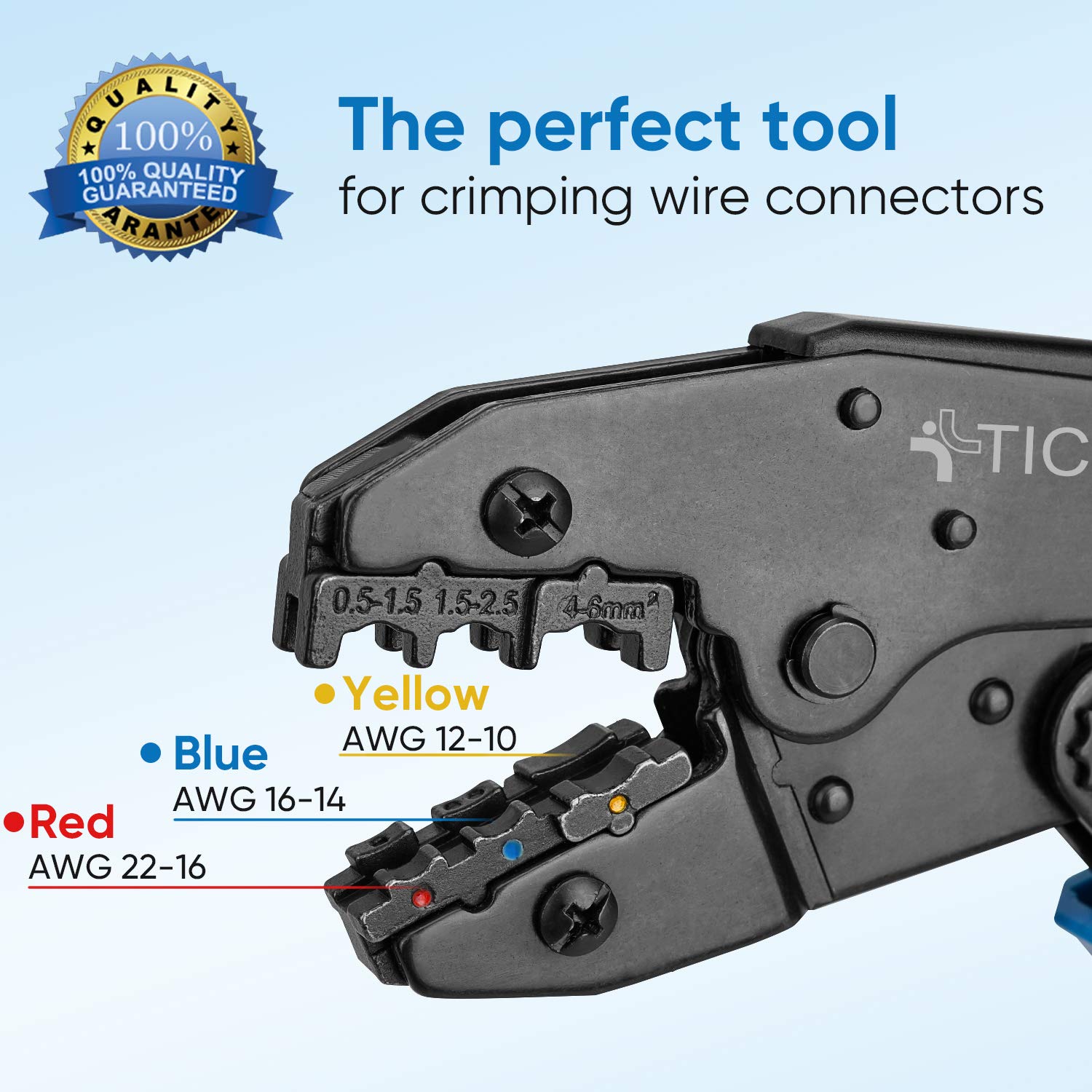 TICONN Crimping Tool for Heat Shrink Connectors - Ratcheting Wire Crimper - Crimping Pliers - Ratchet Terminal Crimper - Wire Crimp Tool (30C, Blue)