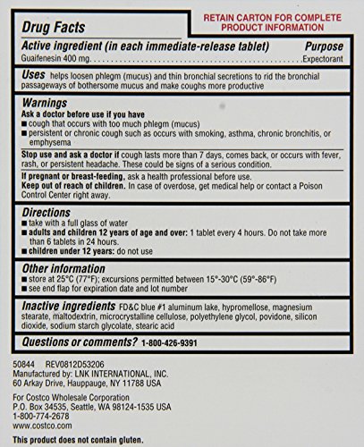 Kirkland Signature Mucus Relief Chest Expectorant (Guaifenesin 400 Mg), 2 bottles of 200-Count Immediate-Release Tablets