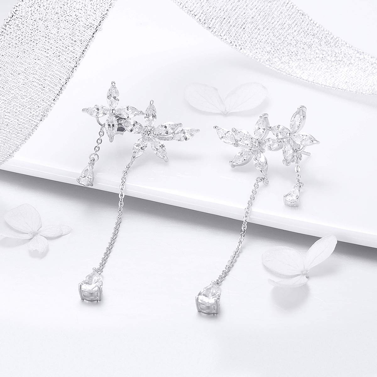 MSECVOI 925 Sterling Silver Leaves Wrap Earrings Crawler for Women Dainty Flowers Threader Tassel Chain