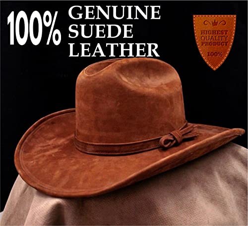 Leather Cowboy Hat, Cowhide Western Hat for Men and Women, Classic Outback Style (Brown, L)