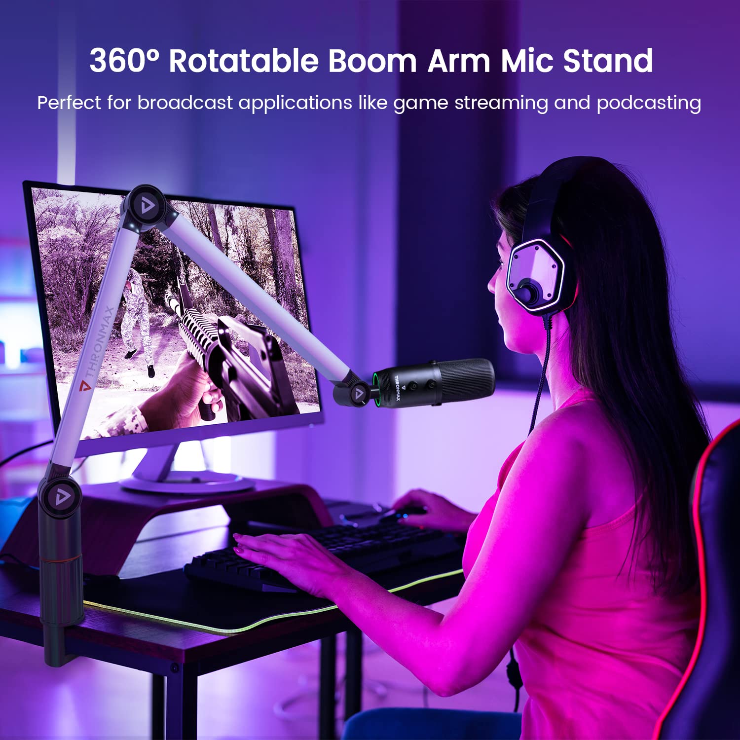 Professional Boom Arm Stand, THRONMAX Flex S5 Mic Stand for Game Streaming and Broadcasting/Sturdy and Universal Mic Arm with 1/4”,3/8", 5/8" Adapter