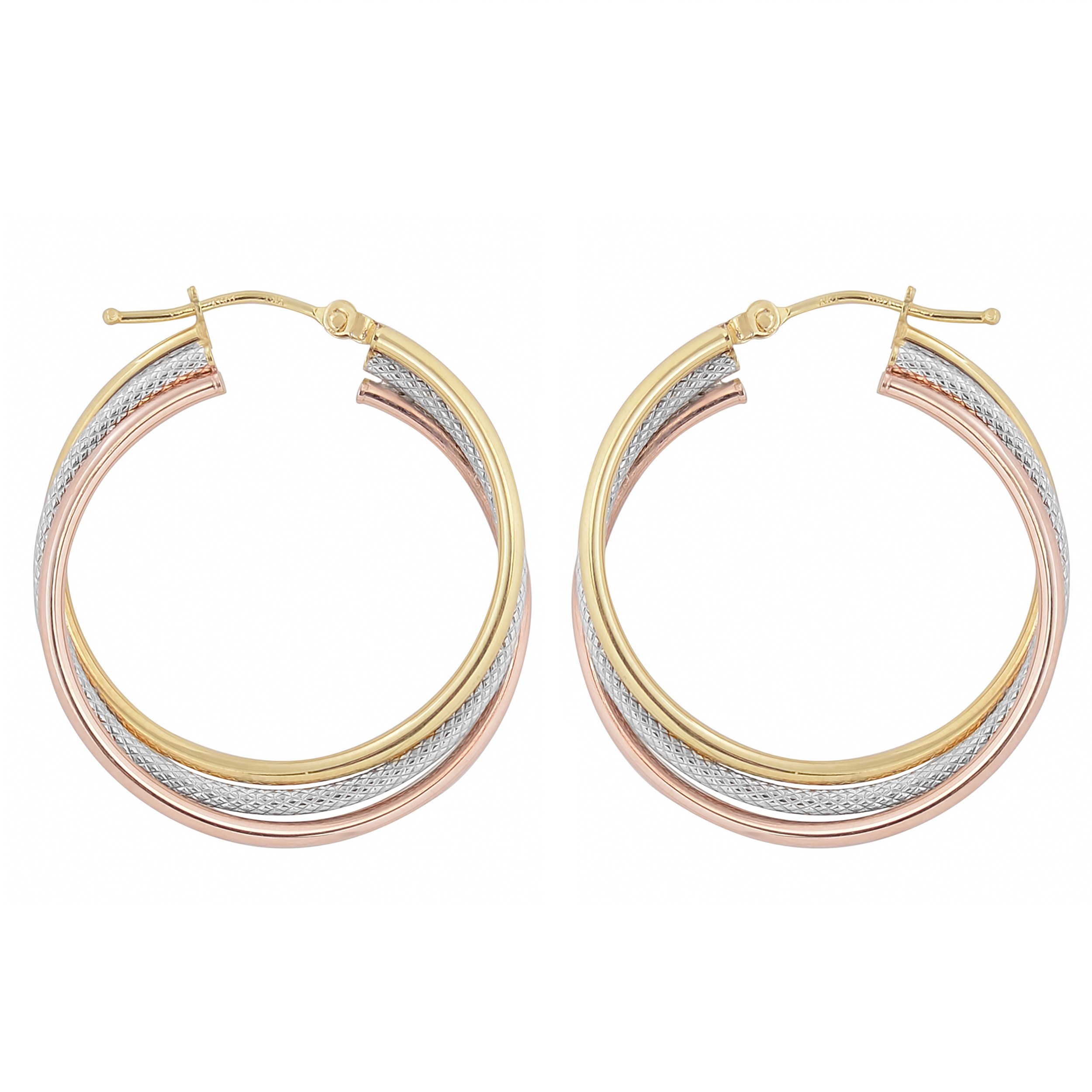 Kooljewelry 10k Tri-color Gold High Polish Textured Overlapping Triple Hoop Earrings