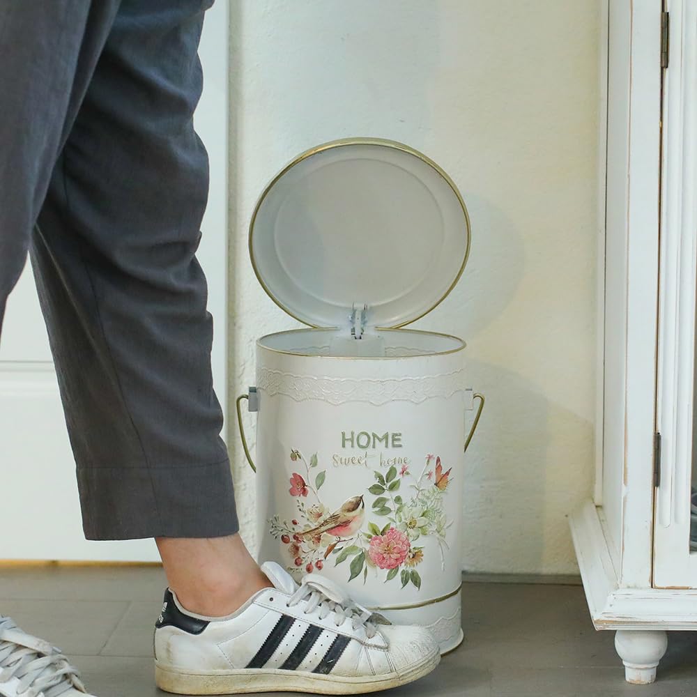 Z&Z ornamentorum Retro Kitchen Trash Can with Lid and Pedal Round Touchless Garbage Cans with Flower and Bird Patterns Outdoor Trash Can for Kitchen Park Garden,Pink