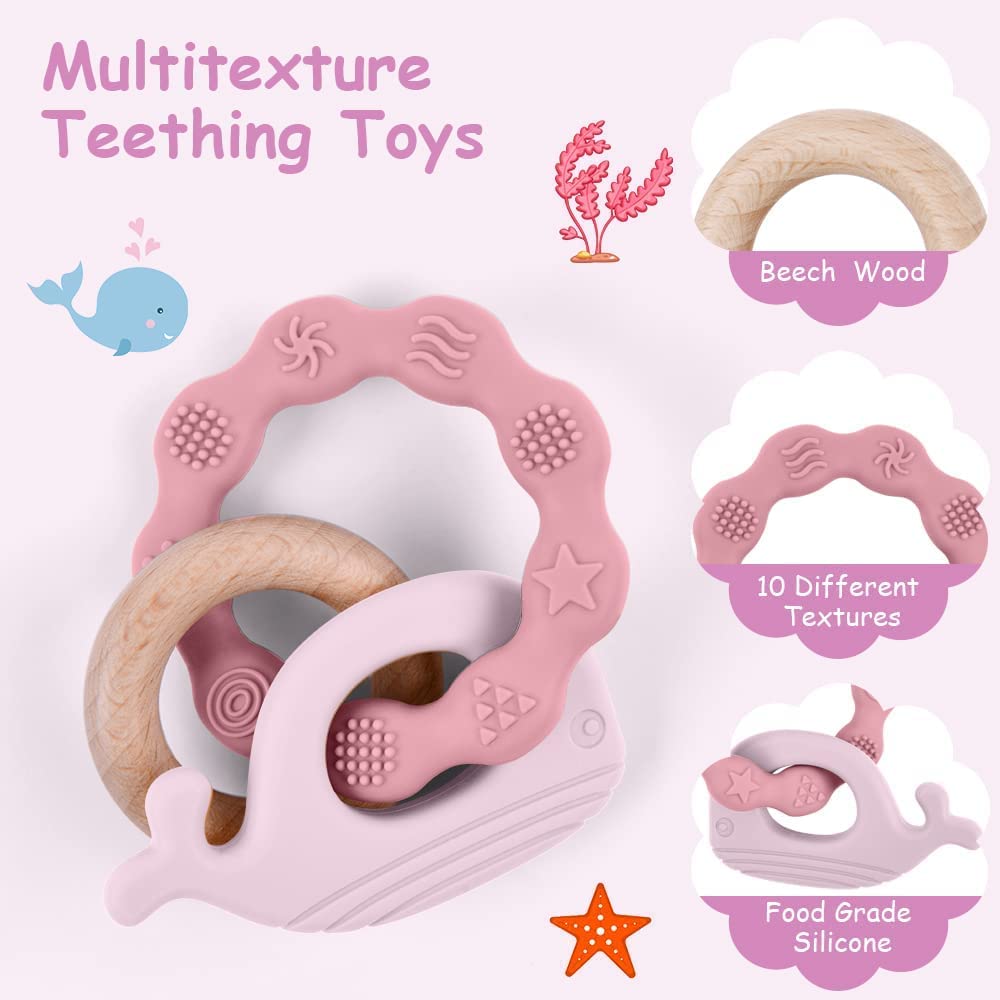 Vicloon Baby Teether Toys, Silicone & Natural Wood Teether Ring, Baby Teething Toys for Babies 0 Months, Silicone Chewable Rings for Newborn Gift(Pink)