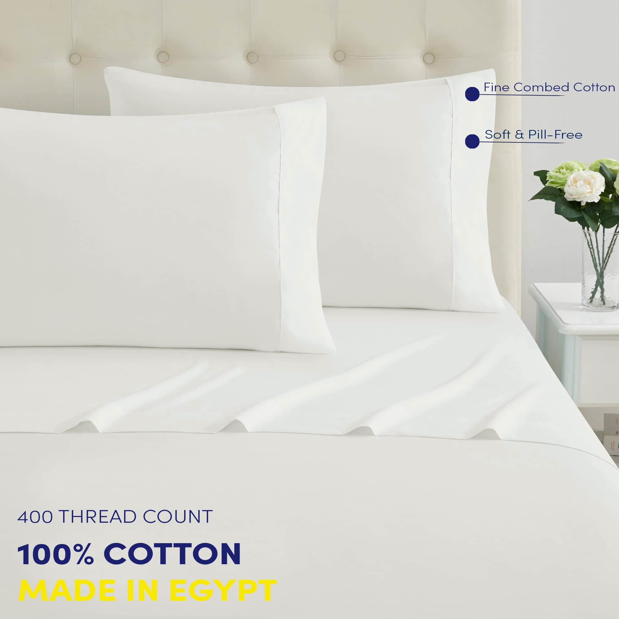 King Size Sheets 100% Cotton Made in Egypt Soft 400 Thread Count for King Size Bed Mattress, 4 Pieces Bedding Sheets & Pillowcases Sets, King, White