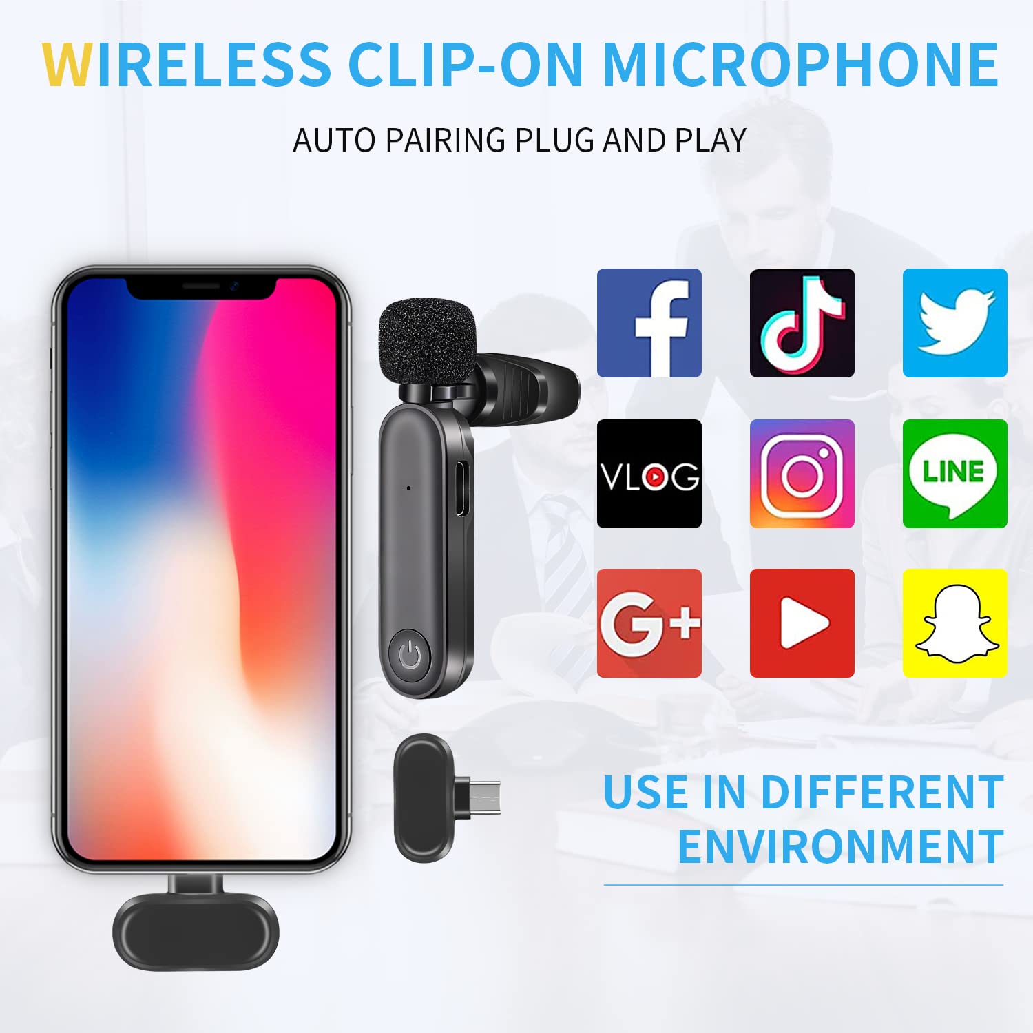 Oney world Wireless Lavalier Microphone, Lapel Mic, Suitable for Smartphone, use it to Record Video, Live on Facebook, Tiktok, YouTube Platforms. Plug and Play with 2 Noise-Cancelling Microphones