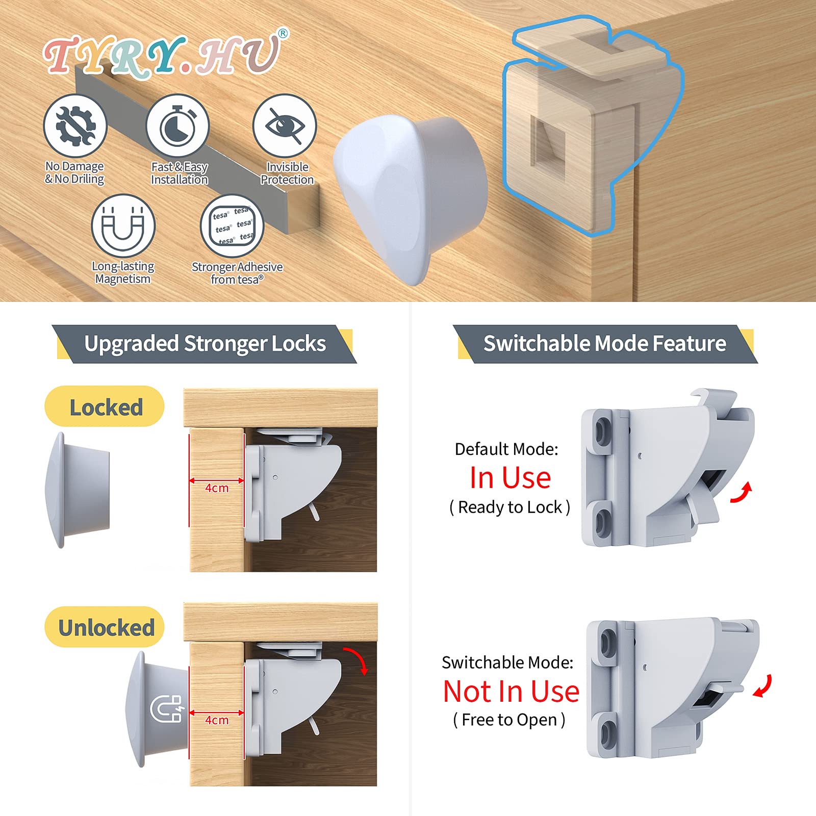 TYRY.HU Upgraded Child Safety Magnetic Cabinets Locks(16 Locks+2 Key) for Kitchen Cupboards & Drawer,Invisible Baby Proofing Child Safety Locks with Key-No Drilling or Tools Required,Easy Installation