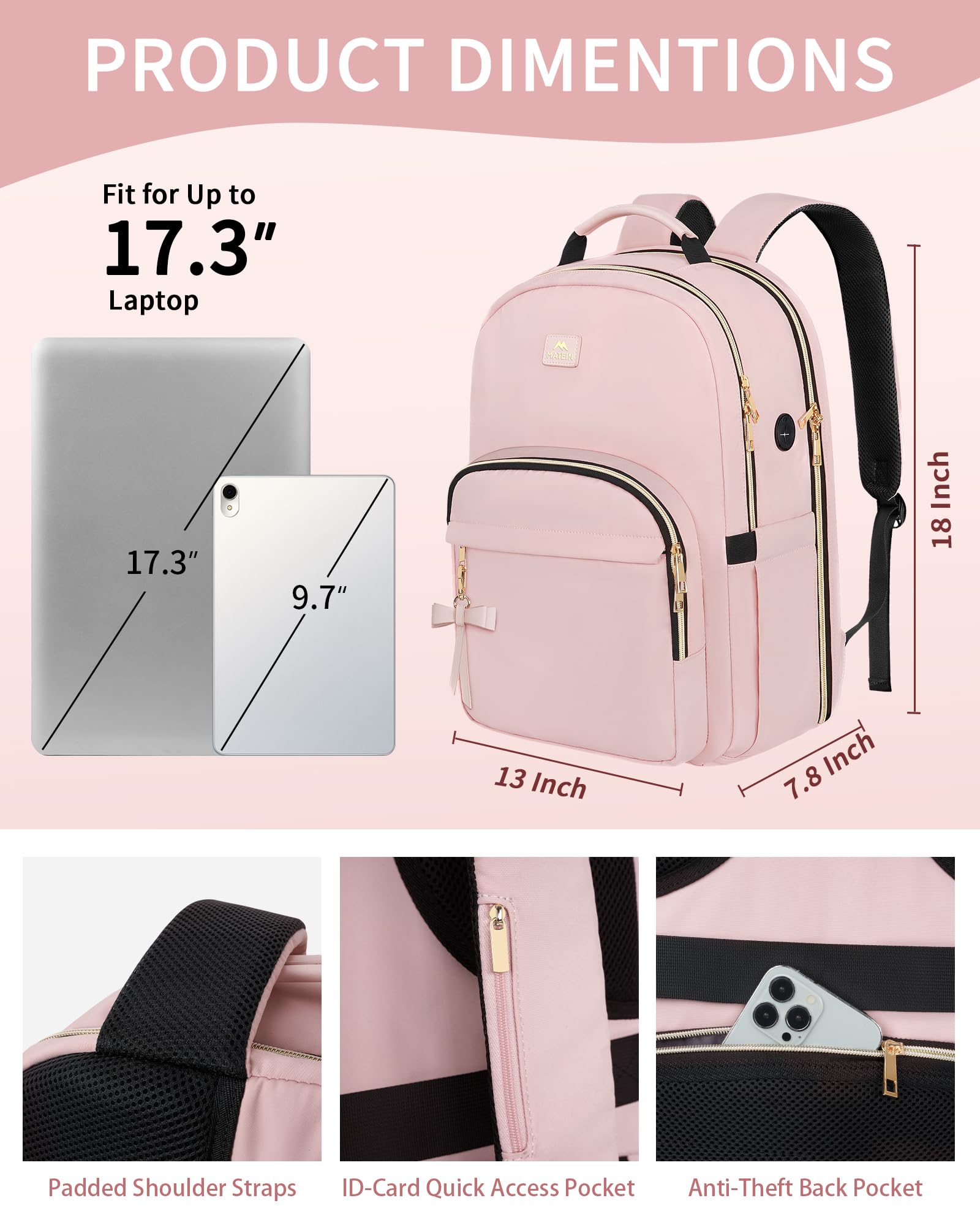 MATEIN 17 Inch Laptop Backpack for Women, Pink Travel Backpack Personal Item Size TSA Airline Approved with Luggage Strap & USB Charging Port, Water Resistant Extra Large Computer Bag for Nurse Work