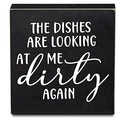Ywkuiev The Dishes are Looking at Me Dirty Again Funny Rustic Family Home Black Wooden Box Sign Plaque for Kitchen Restaurant (6 X 6 Inch)