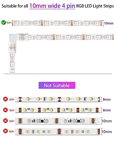 L Shape LED Connectors 4-Pin JACKYLED 10mm LED Right Angle Connectors Solderless RGB Corner Connectors Adapter Extension for 3528/5050 Strip Lights (6pcs L Shaped PCBs, 12pcs Clips)