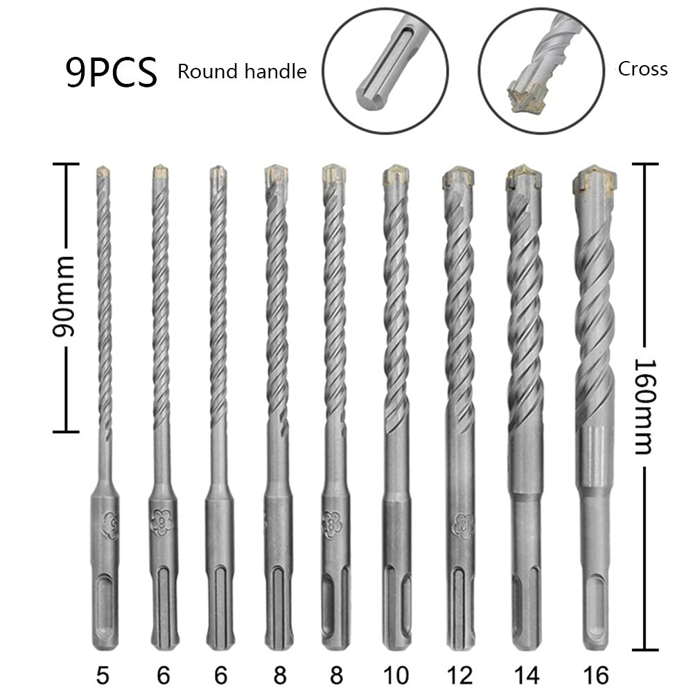 WDBBY 9pcs SDS Plus Drill Bit Set 160mm for Concrete Wall Brick Block Masonry Hole Saw Electric Hammer Drilling Bits 5 6 8 10 12 14 mm