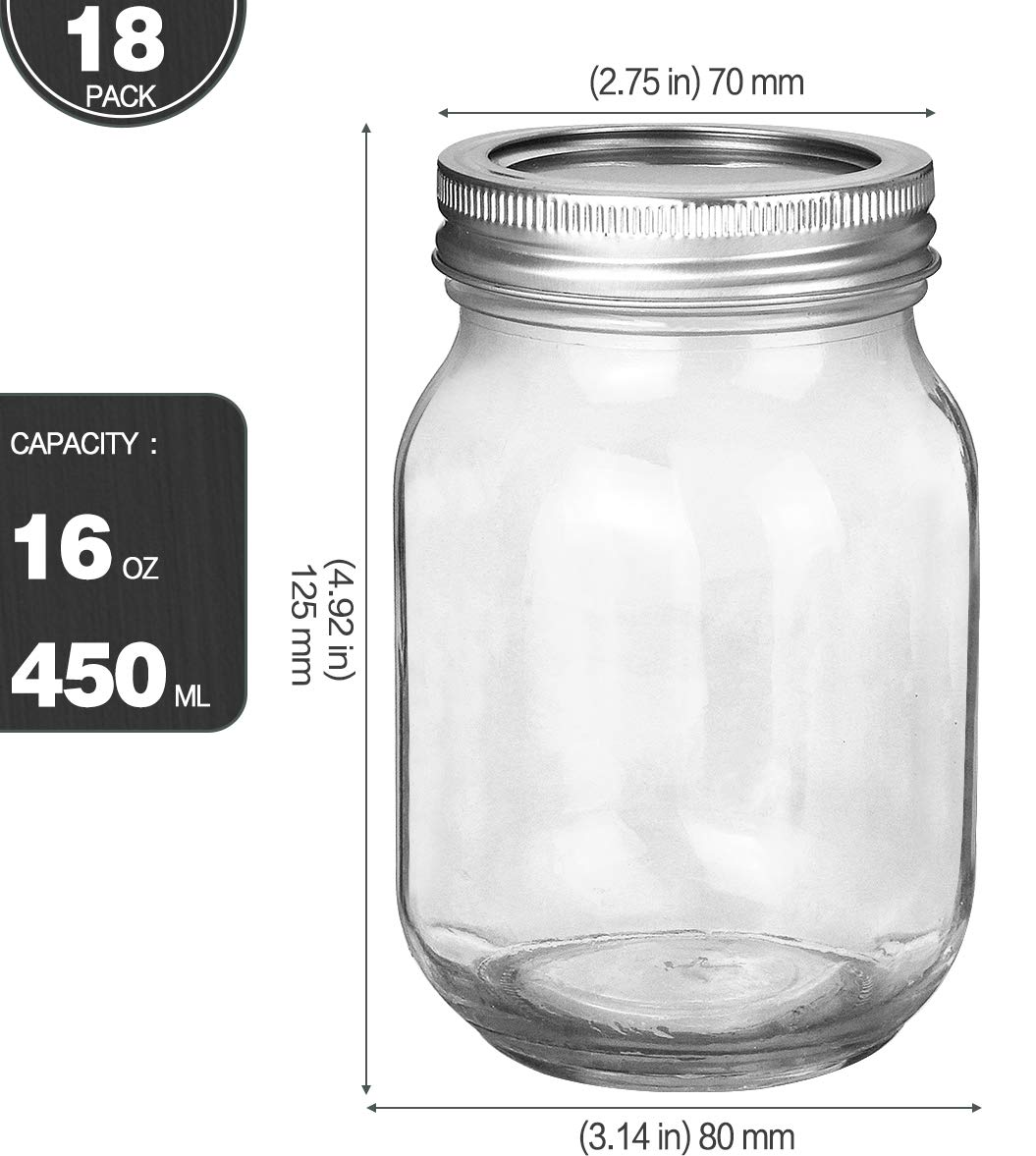 KAMOTA Mason Jars 16 oz With Regular Lids and Bands, Ideal for Jam, Honey, Wedding Favors, Shower Favors,DIY Spice Jars, 18 PACK, 20 Whiteboard Labels Included